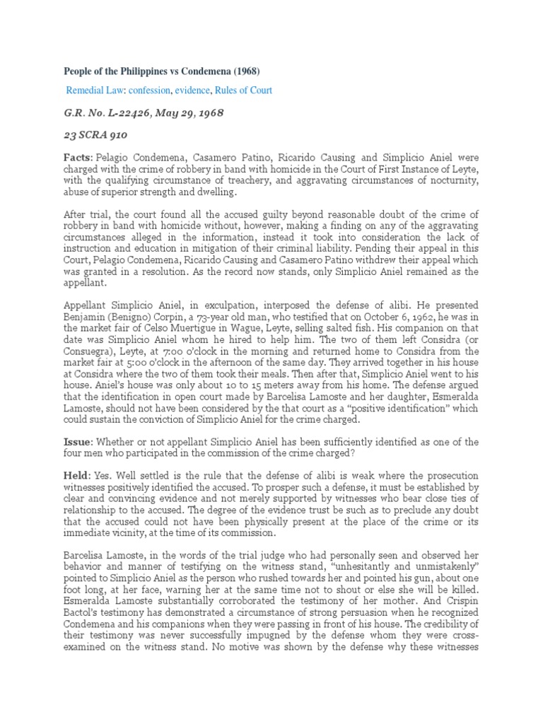 Philippines Case Digest: Condemena Ruling | PDF | Witness | Testimony