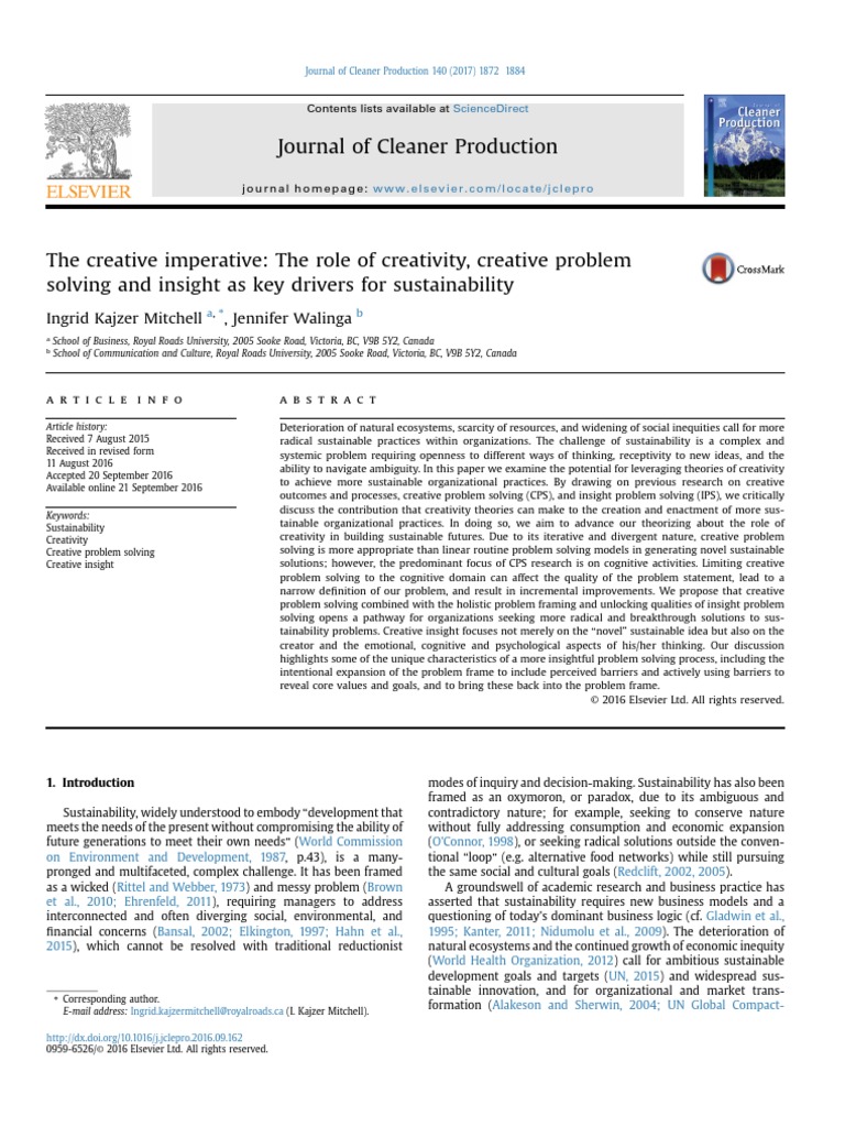 Journal of Cleaner Production: Ingrid Kajzer Mitchell, Jennifer Walinga ...