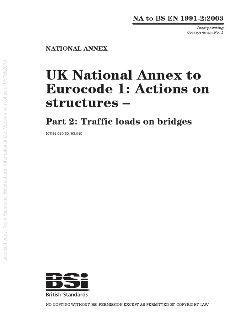 UK National Annex To Eurocode 1: Actions On Structures - : Part 2: Traffic Loads On Bridges ...
