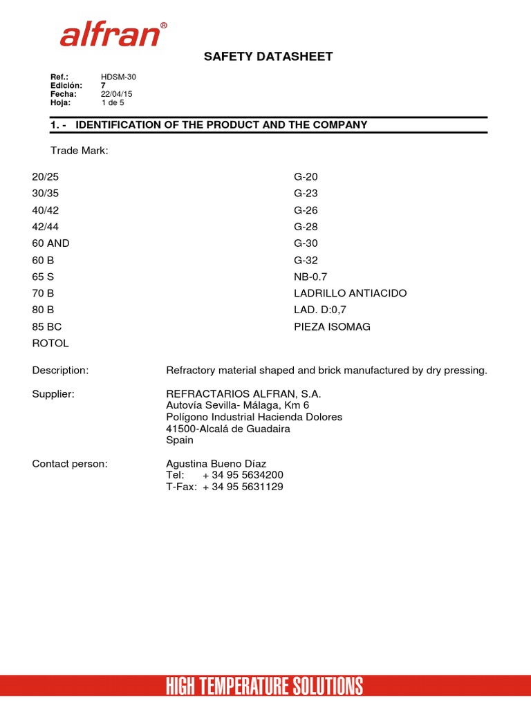 Refractory Brick Data Sheets | Download Free PDF | Water | Safety