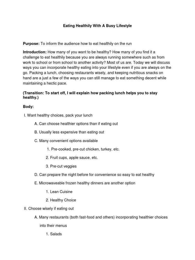 Samples Outline - Informative Speech (Healthy Eating) | PDF | Lunch ...