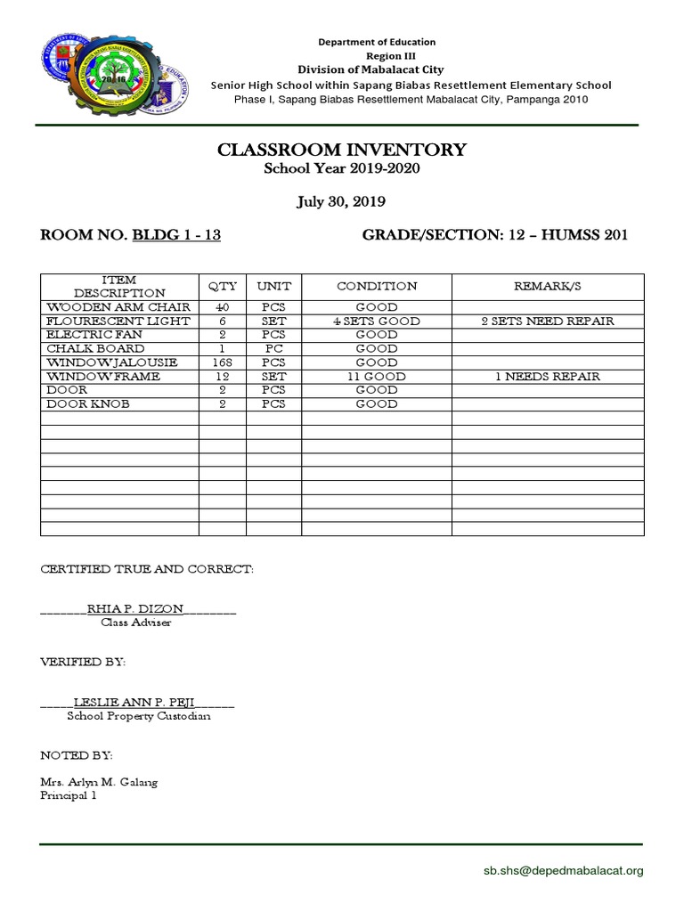 Classroom Inventory: School Year 2019-2020 July 30, 2019 Room No. BLDG ...