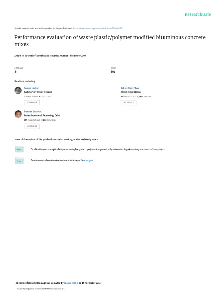 Performance Evaluation of Waste Plastic | PDF | Asphalt | Concrete