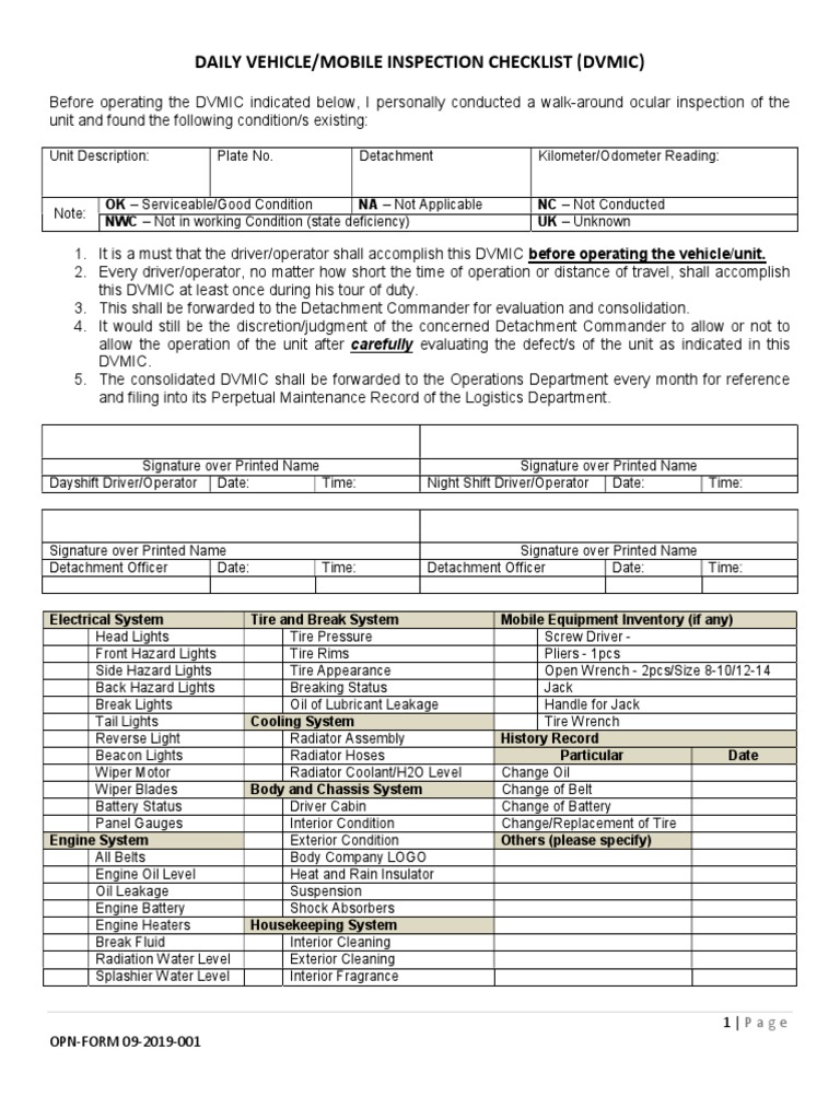Daily Vehicle/Mobile Inspection Checklist (Dvmic) | PDF | Radiator | Tire