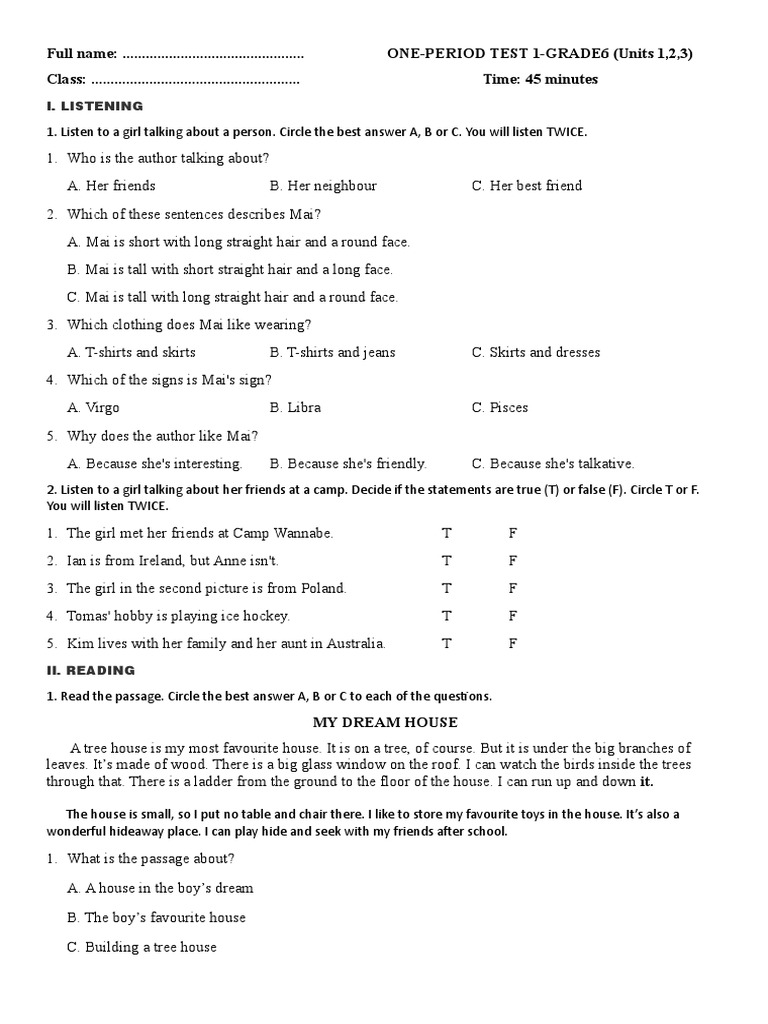 One-Period Test 1-Grade 6 (Units 1,2,3) | PDF