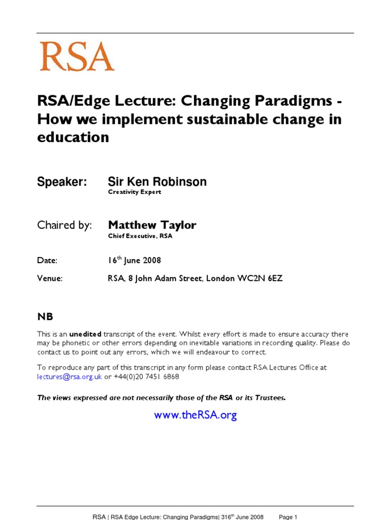 Transcript Sir Ken Robinson | PDF | Age Of Enlightenment | Reason