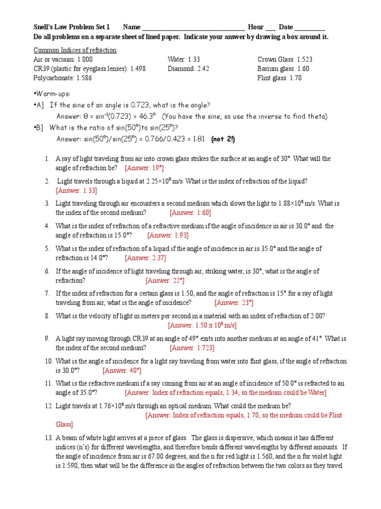 Snells Law Problem Set 1 | PDF | Refraction | Refractive Index