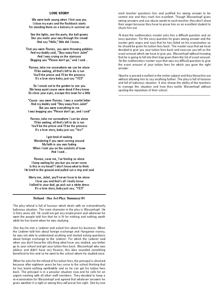 The Extraordinary Situation: A Summary of the One Act Play 'Refund' | PDF