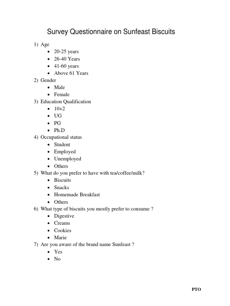 Survey Questionnaire On Sunfeast Biscuits | PDF