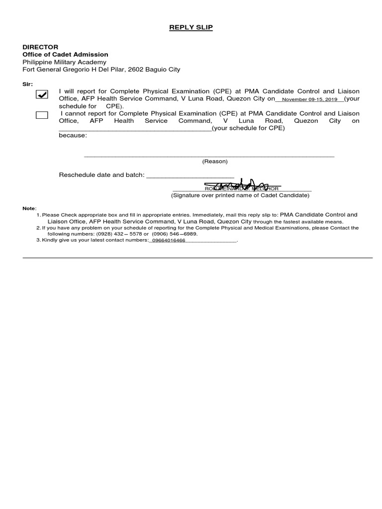 PMA Complete Physical Exam Reply Slip | PDF | Finance & Money Management