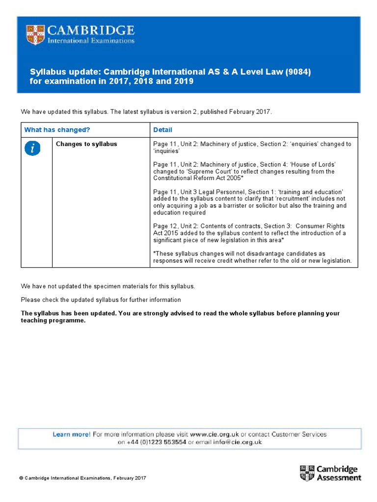 Syllabus Update: Cambridge International AS & A Level Law (9084) For ...
