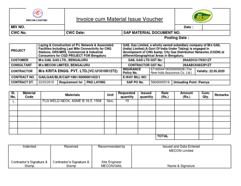 Invoice Cum Material Issue Voucher: Miv No. CWC No. CWC Date: Sap Material Document No. Posting ...