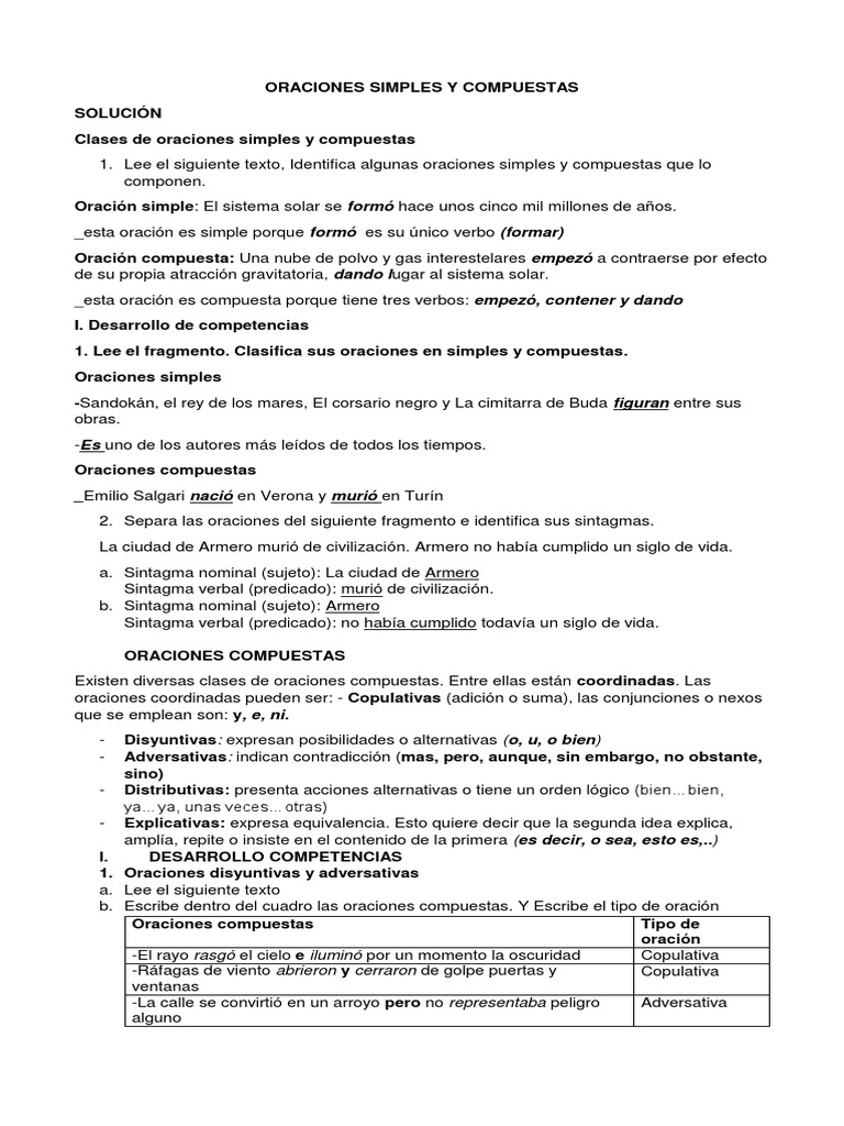 Oraciones Simples y Compuestas | PDF | Oración (Lingüística) | Verbo