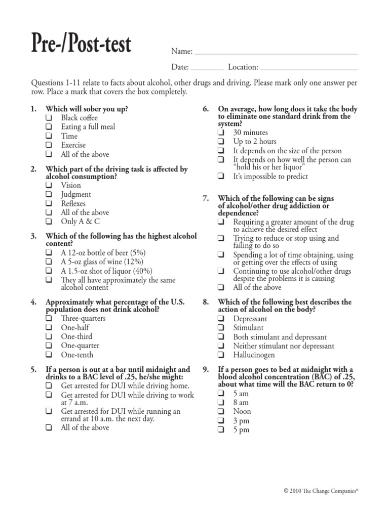 Pre Post Test | PDF | Alcoholic Drinks | Driving Under The Influence