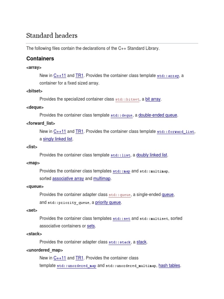 Standard Headers: Containers | PDF | C++ | C (Programming Language)