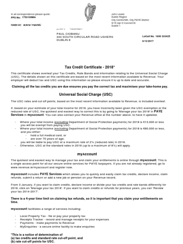 Tax Credit Certificate - 2018 : PPS No: 1793106MA | Download Free PDF ...