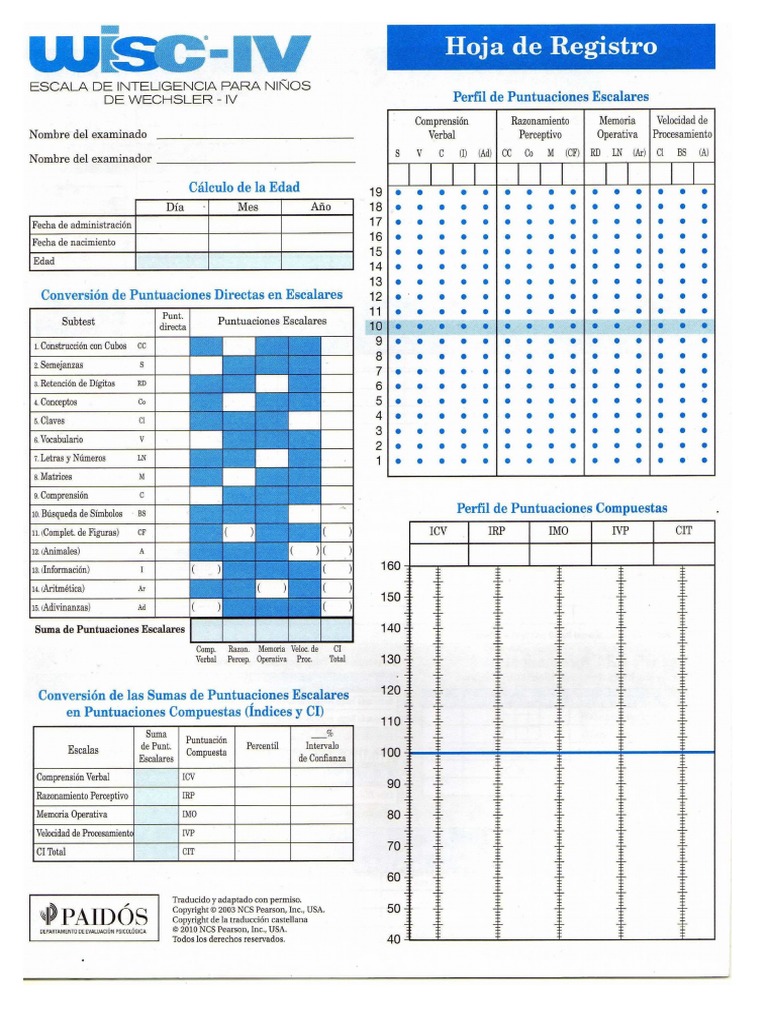 Wisc IV, Protocolo de Registro | PDF