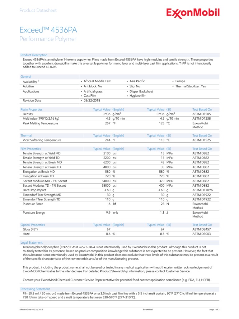 Exceed™ 4536PA: Performance Polymer | PDF | Ultimate Tensile Strength ...