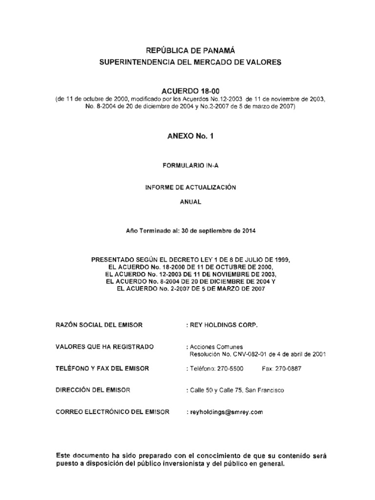 Rey Holdings Corporation 2014 | PDF | Compartir (Finanzas) | Panamá