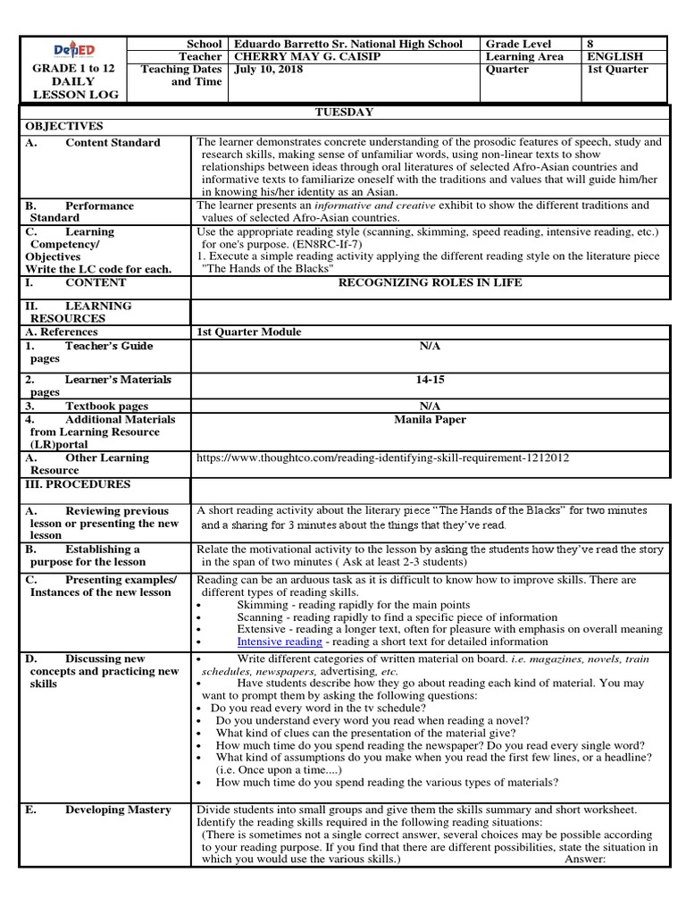 Daily Lesson Plan in English 8 - 7-10 | Download Free PDF | Speed ...