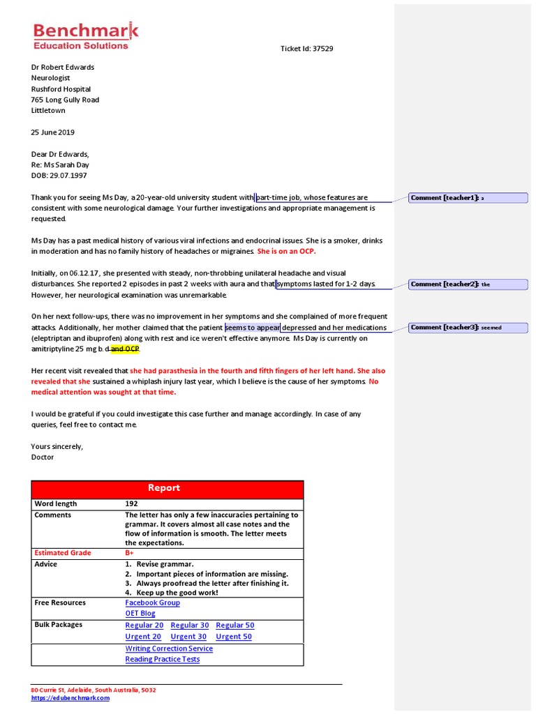 Oet Sample Letter | Download Free PDF | Headache | Neurology