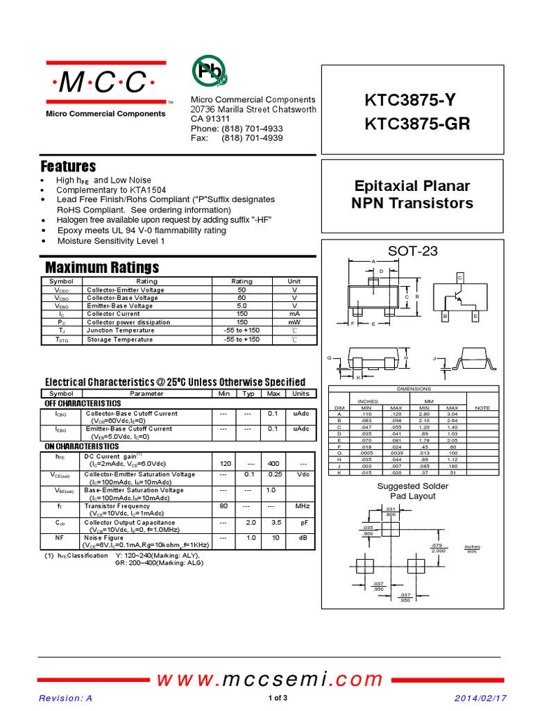 Especificaciones del Transistor SMD KTC3875 | PDF | Transistor | Bienes ...