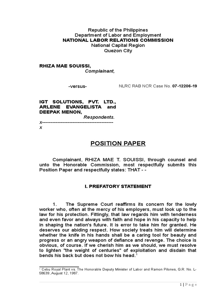 Position Paper NLRC | PDF | Damages | Employment