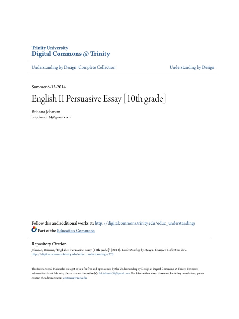 English II Persuasive Essay (10th Grade) : Digital Commons at Trinity ...