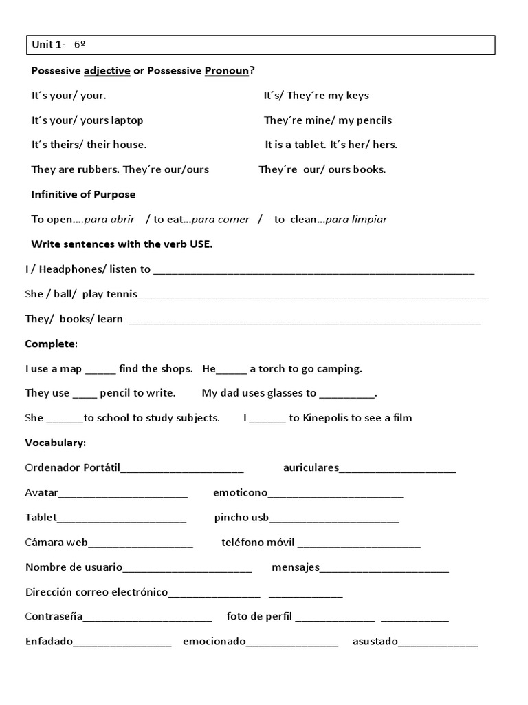 Possessive adjectives and pronouns unit 1-6o | PDF