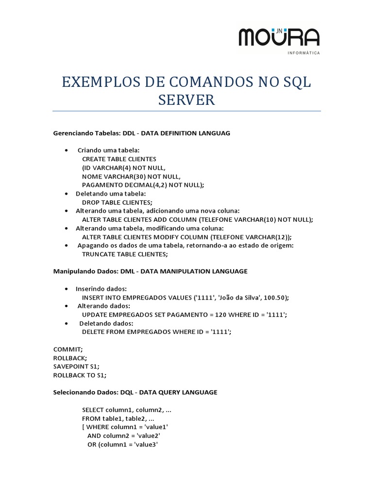Exemplos de Comandos No SQL Server 2019 | PDF | Design de software | SQL