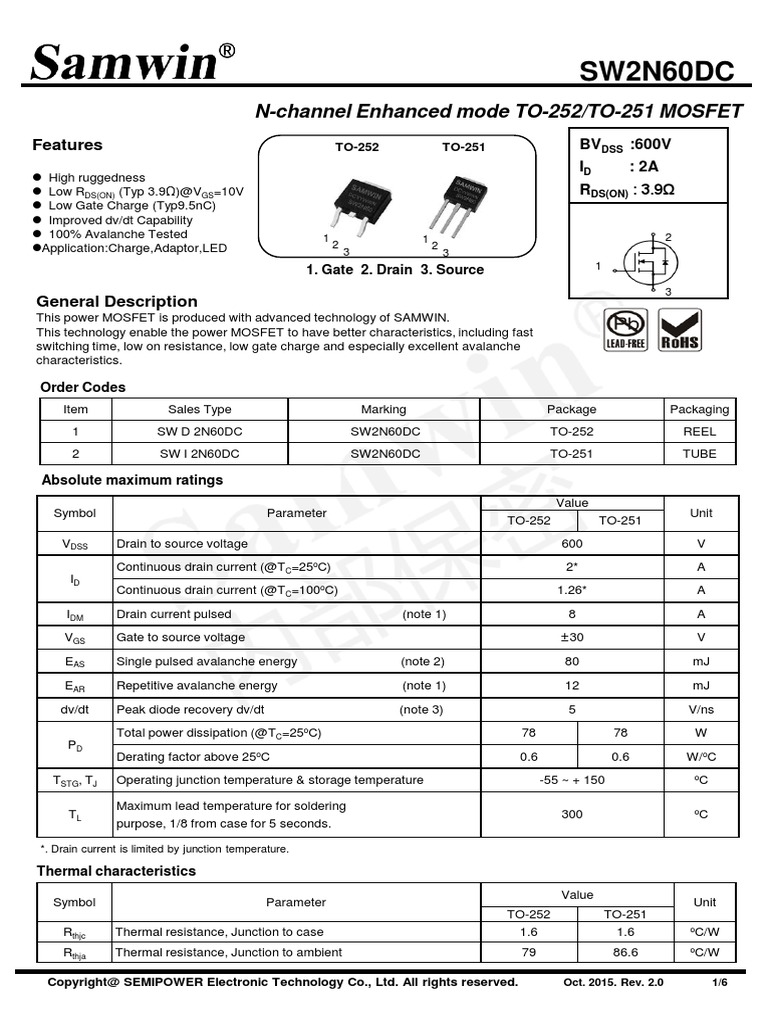 SW2N60DC: N-channel Enhanced mode TO-252/TO-251 MOSFET | Field Effect ...