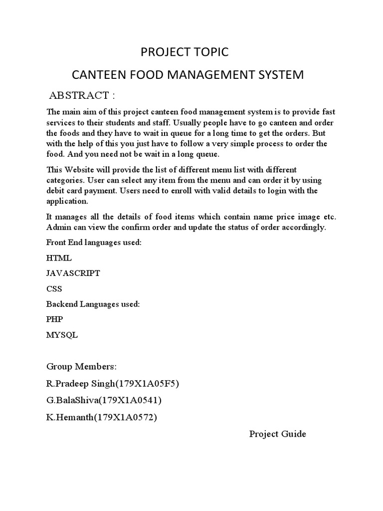 Project Topic Canteen Food Management System: Abstract | PDF