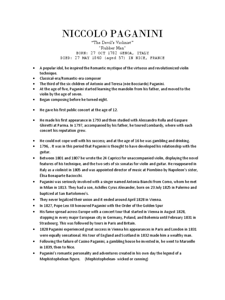 Niccolo Paganini (Life and Works) | PDF | Classical Music ...