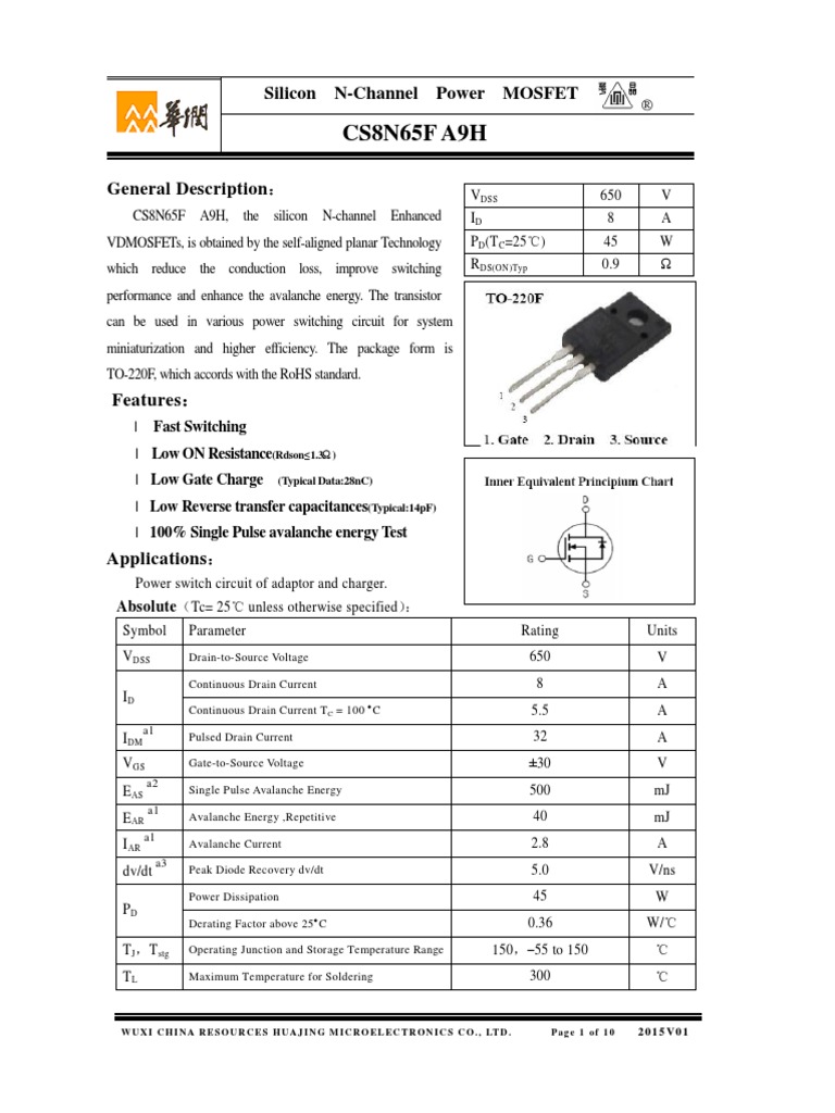 cs8n65f A9h | PDF | Field Effect Transistor | Semiconductor Devices
