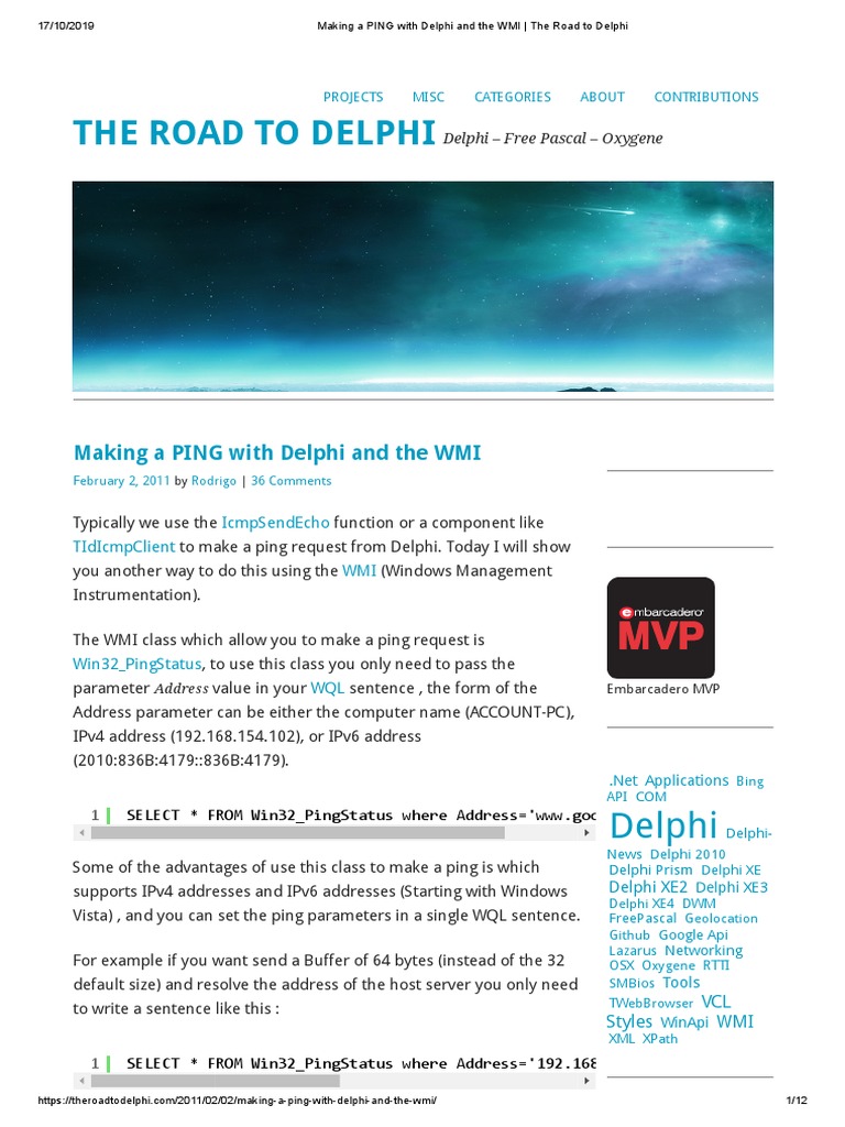 Making A Ping With Delphi And The Wmi The Road To Delphi Pdf Computing Computer Programming