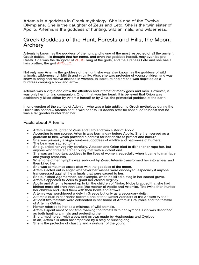 Greek Goddess of The Hunt, Forests and Hills, The Moon, Archery | PDF ...