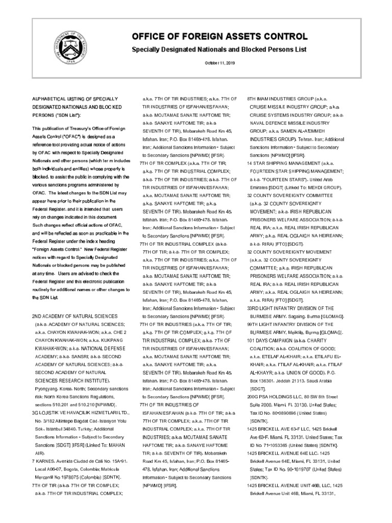 OFAC SDN List - October 2019 Update | PDF | Office Of Foreign Assets ...