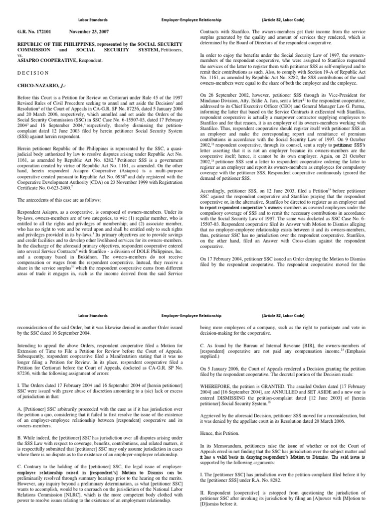 G.R. No. 172101 November 23, 2007: Labor Standards Employer-Employee ...
