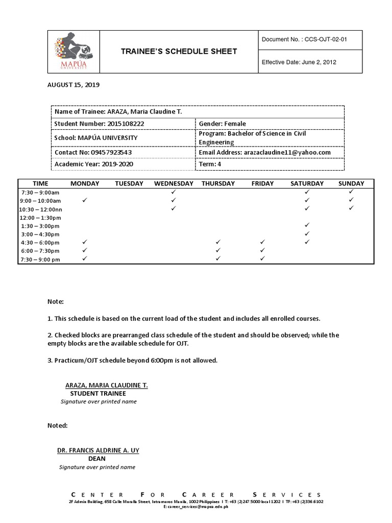 Trainee'S Schedule Sheet: Time Monday Tuesday Wednesday Thursday Friday ...