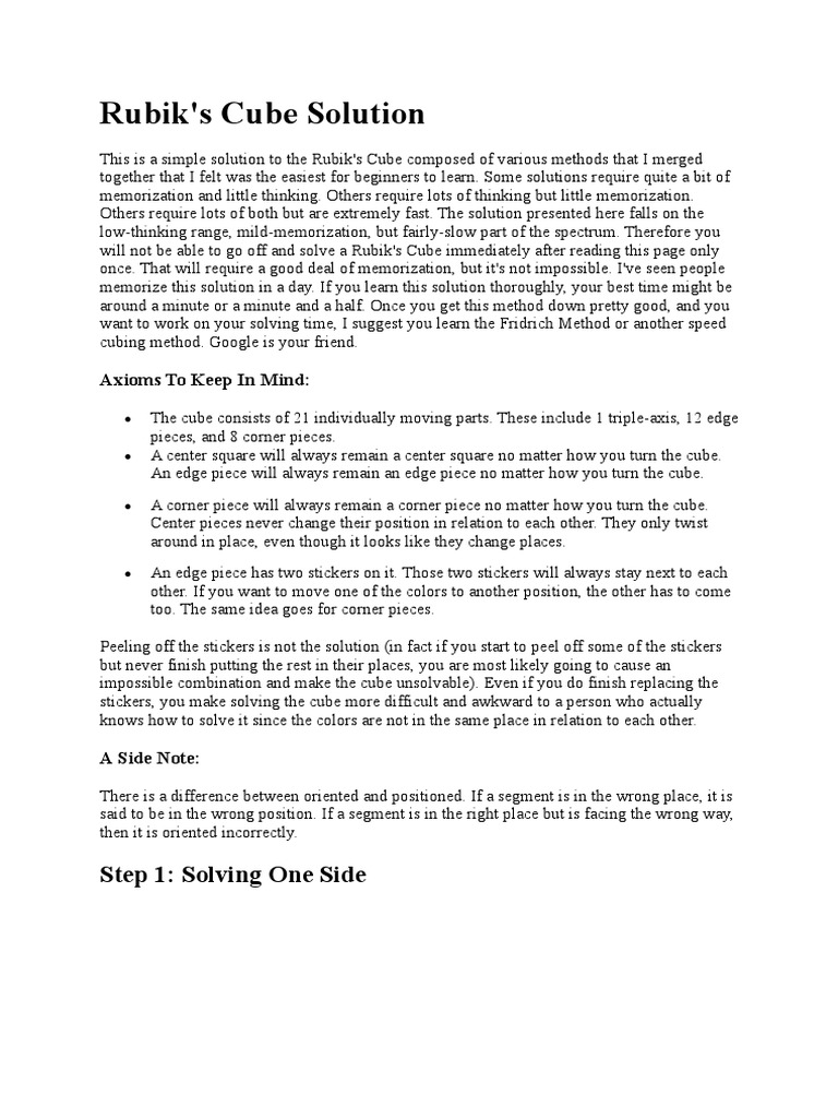 Rubik's Cube Solution Guide for Beginners | PDF