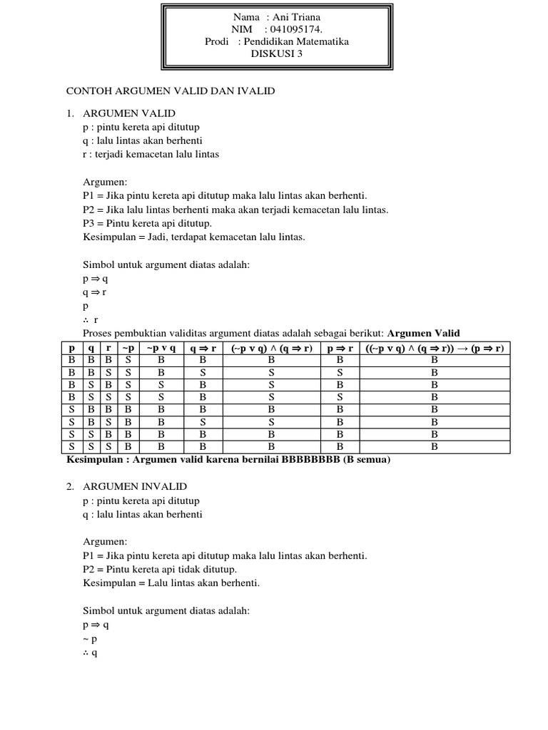 Contoh Argumen Valid Dan Ivalid Diskusi 3 - Matematika Dasar | PDF