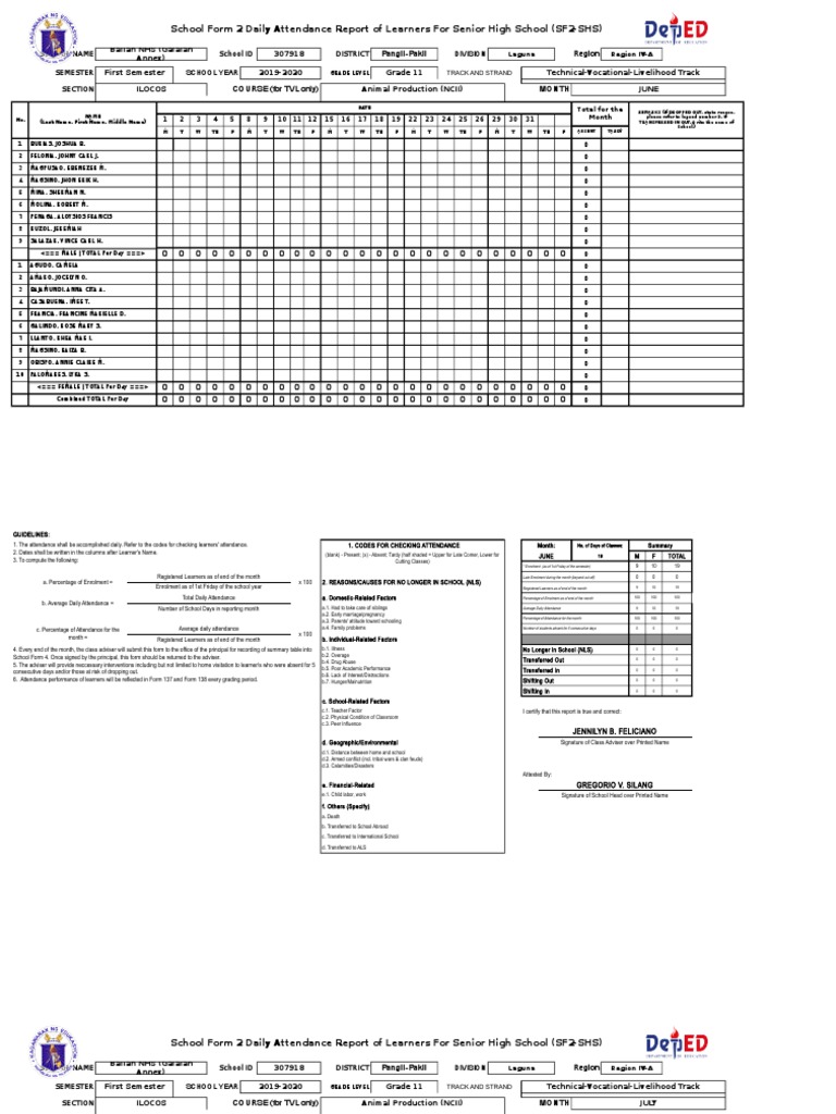 School Form 2 Daily Attendance Report of Learners For Senior High ...
