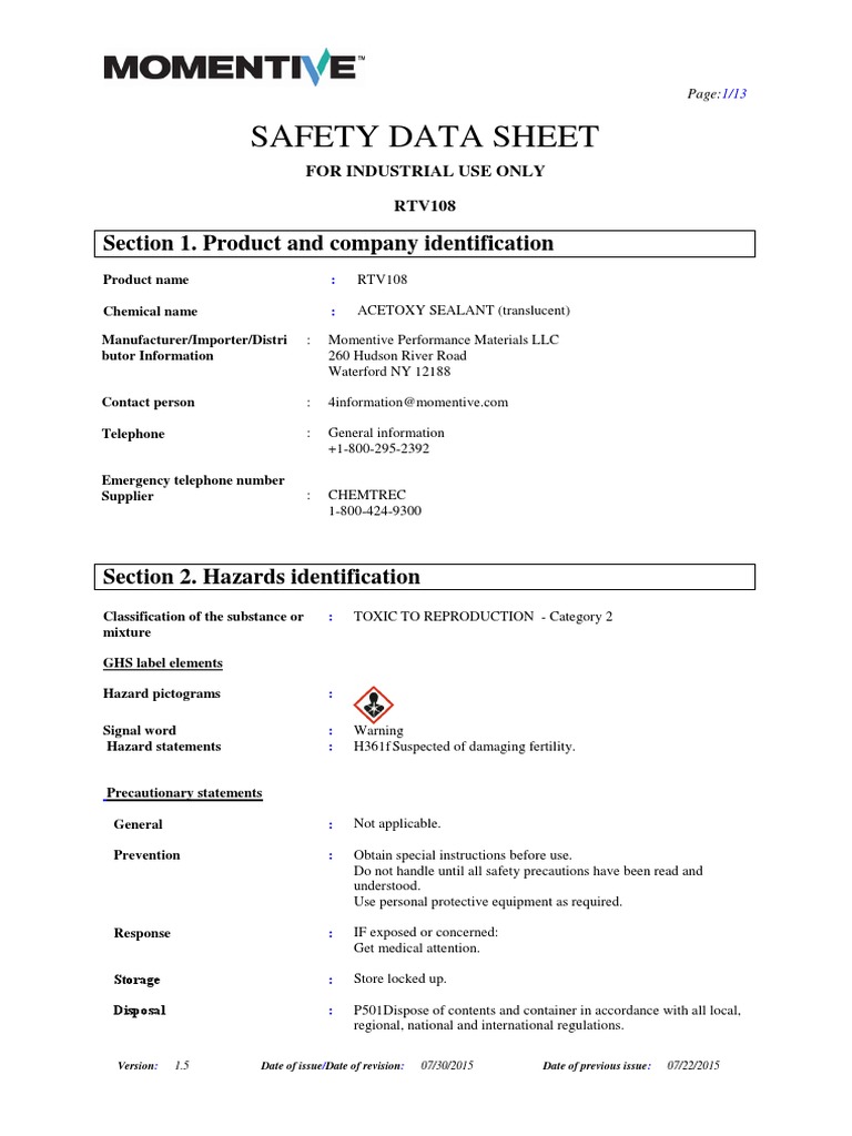 Silicone RTV 108 Safety Data Sheet (SDS) PDF Toxicity, 53% OFF