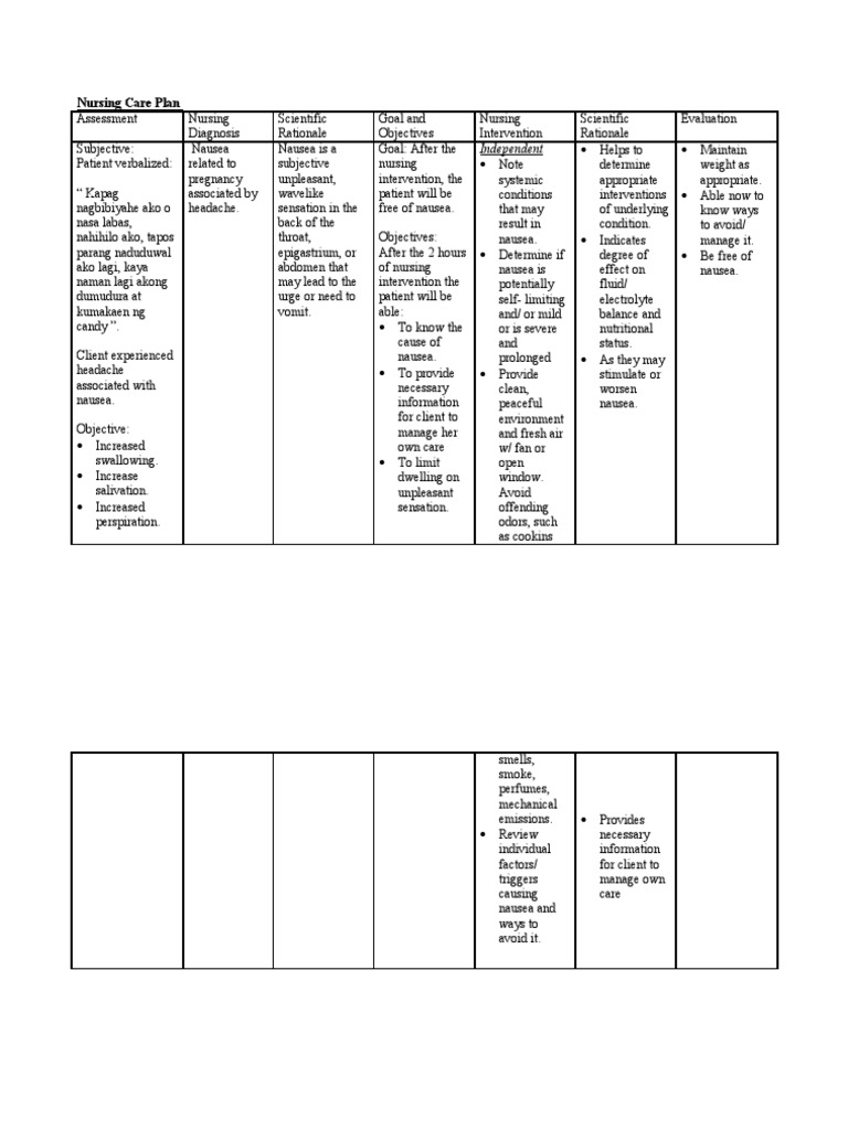 Antenatal Nursing Care Plan for Nausea | PDF | Nausea | Odor