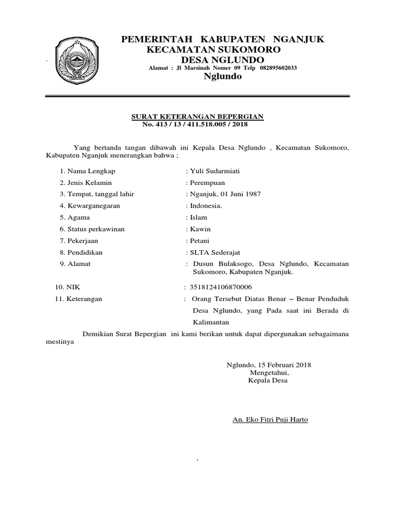 Surat Keterangan Bepergian Desa Nglundo | PDF