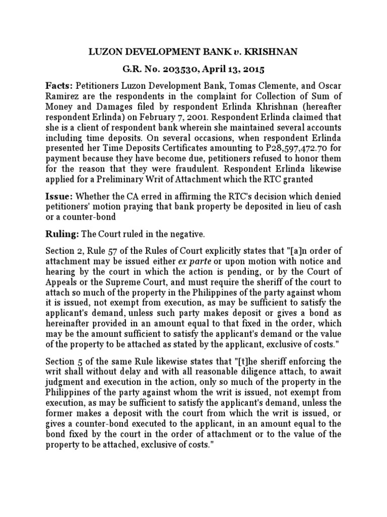 Luzon Development Bank V Krishnan | PDF | Bail | Common Law