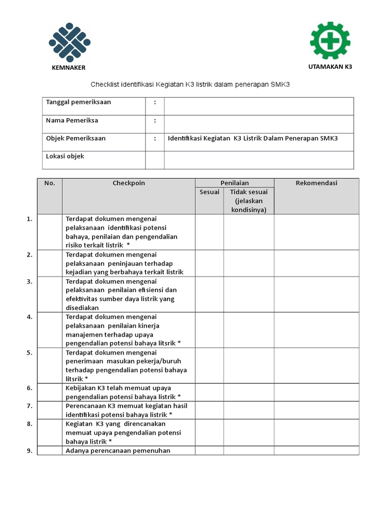 Checklist Identifikasi Kegiatan K3 Listrik Dalam Penerapan SMK3 | PDF