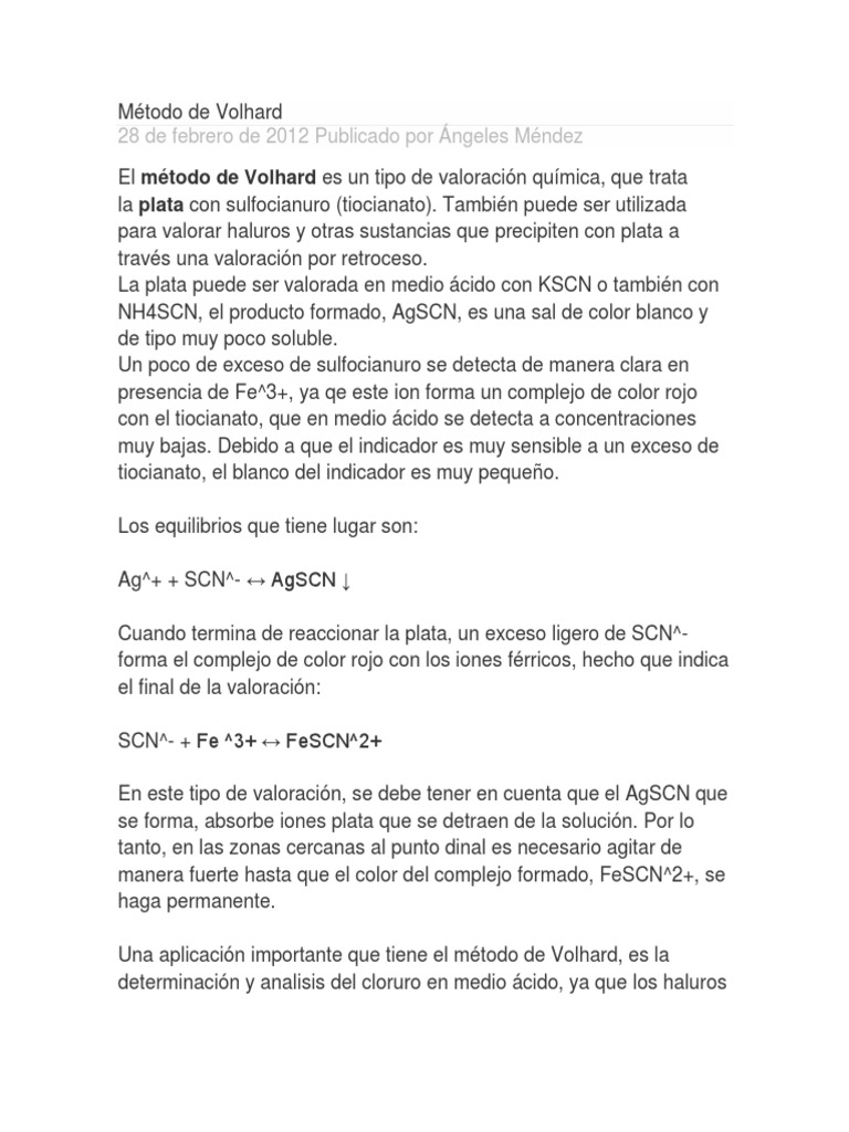 Método de Volhard | PDF | Cloruro | Valoración
