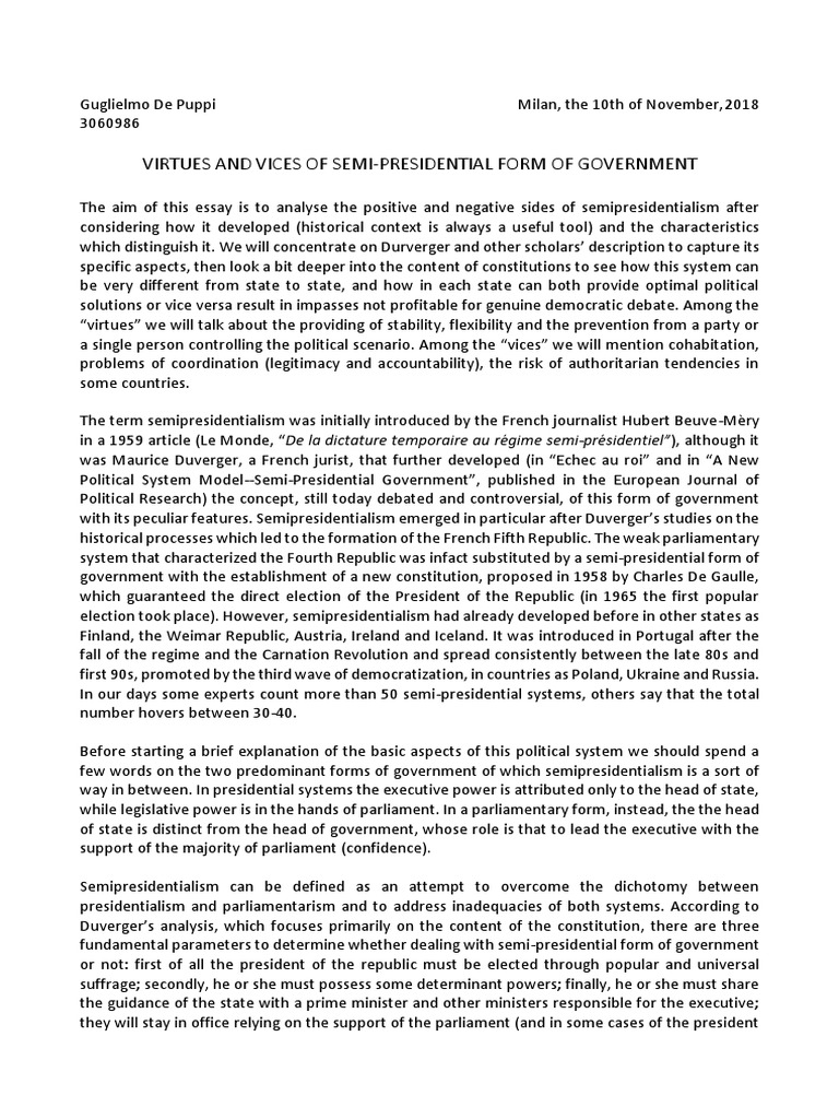 Semi-Presidential Form of Government | PDF | Heads Of State | Prime ...