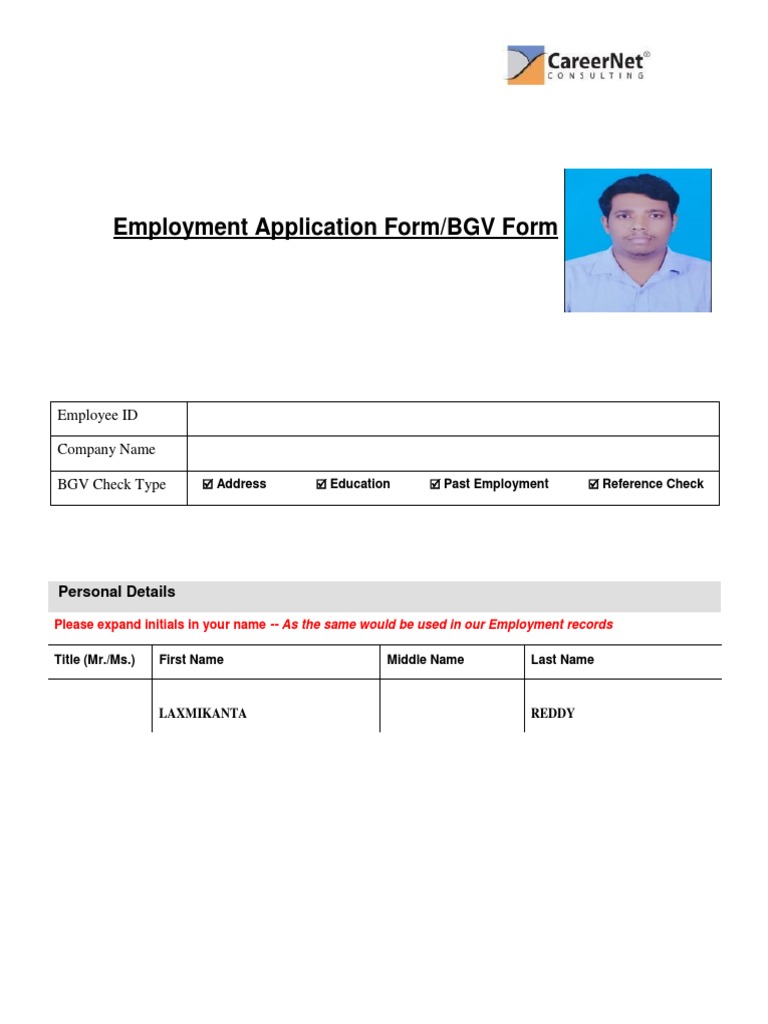 Employment Application Form/BGV Form: Please Attach Recent Passport ...